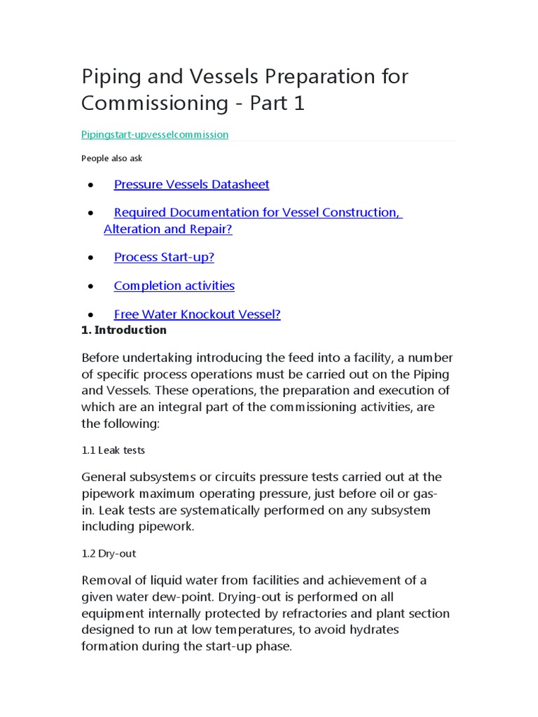 Piping and Vessels Preparation For Commissioning - Part 1 | PDF