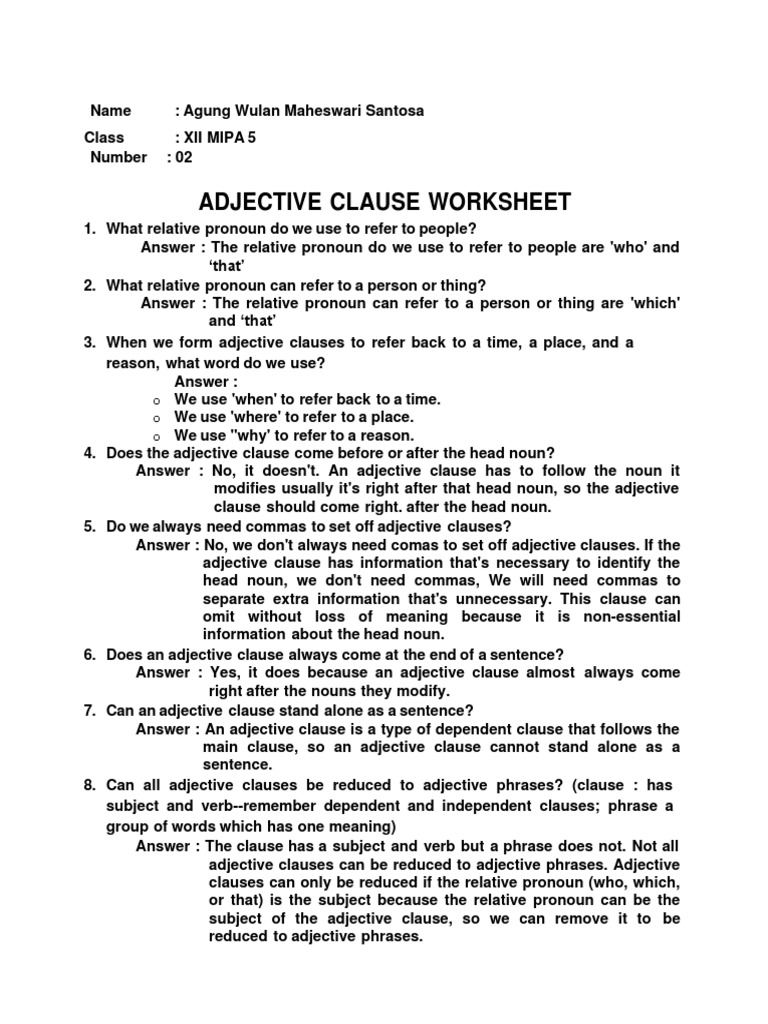 Adjective Clause Worksheet | PDF | Clause | Adjective