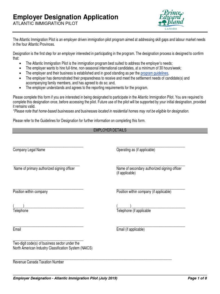 Employer Designation Application: Atlantic Immigration Pilot | PDF ...
