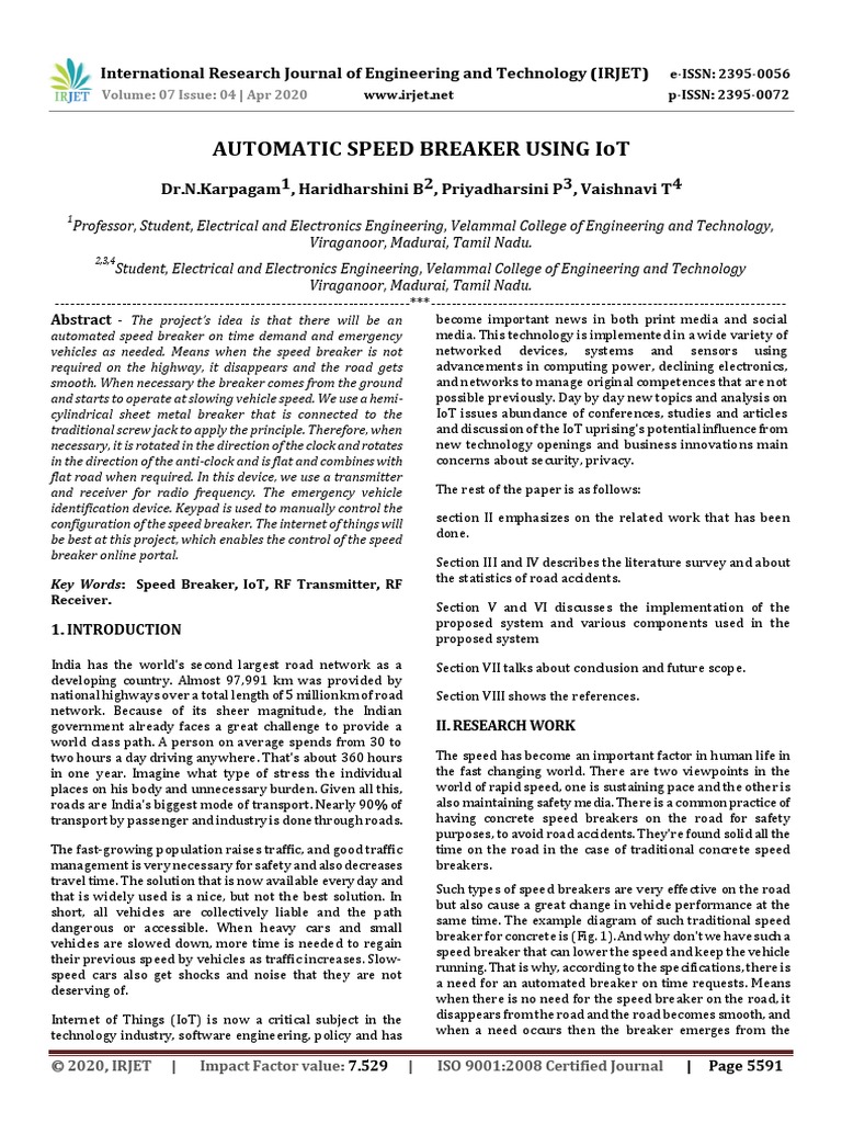 AUTOMATIC SPEED BREAKER USING IoT | Download Free PDF | Internet Of Things | Microcontroller