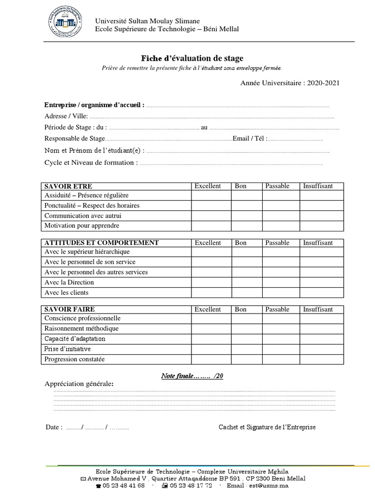 Fiche Evaluation Stage 2020-2021 | PDF Fiche Evaluation Stage 2020-2021 | PDF