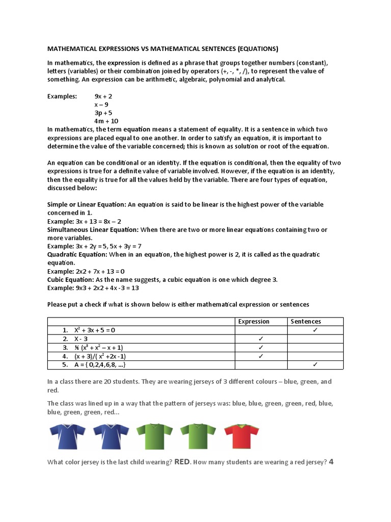 Mathematical Expressions VS Mathematical Sentences (Equations) | PDF ...