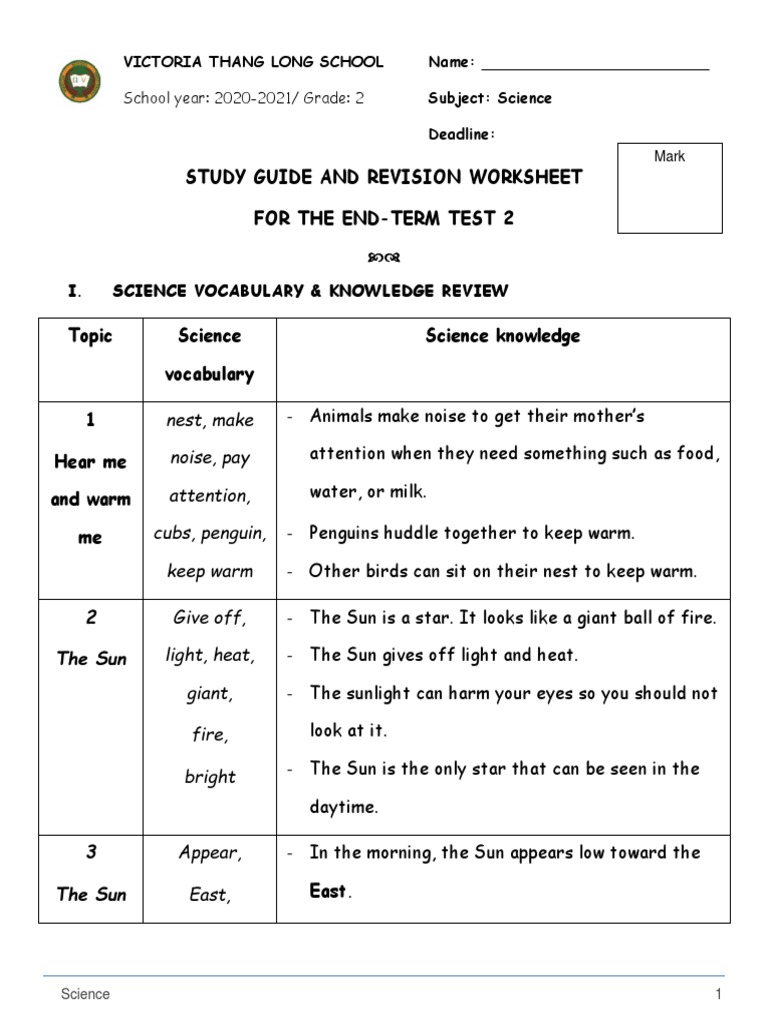 G2 - Science 1 - Study Guide and Revision Worksheet For End Term Test 2 ...