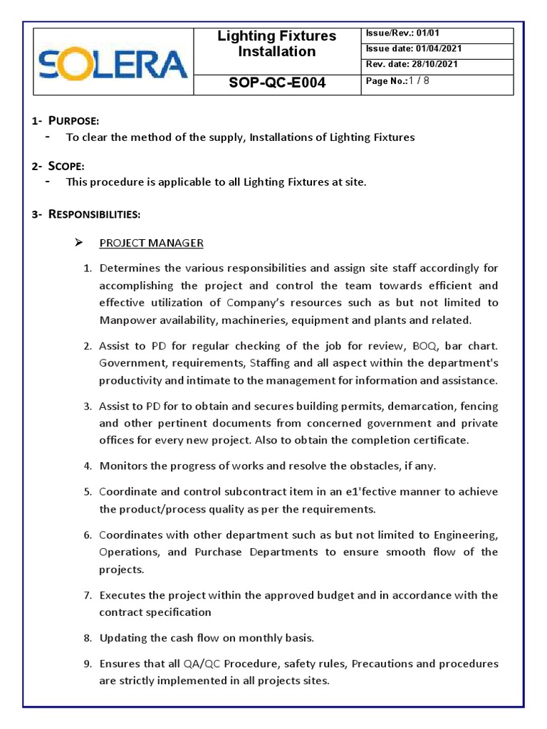 Lighting Fixtures Installation SOP | PDF | Electrical Wiring | Lighting