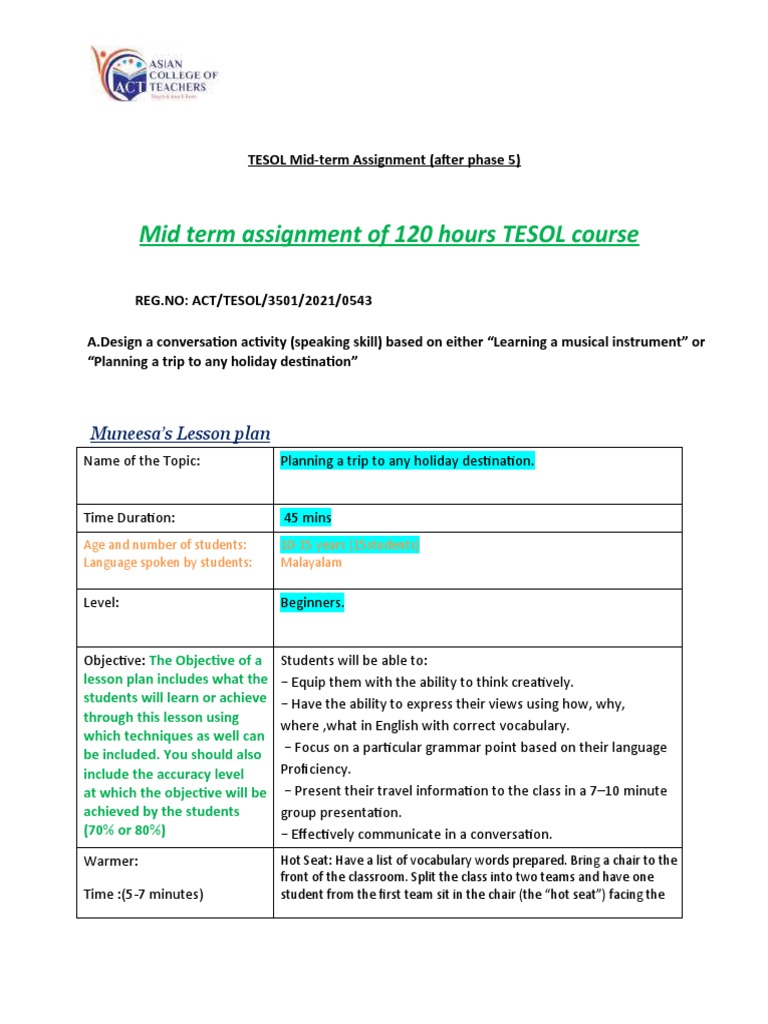 Mid Term Assignment of 120 Hours TESOL Course: Muneesa's Lesson Plan ...