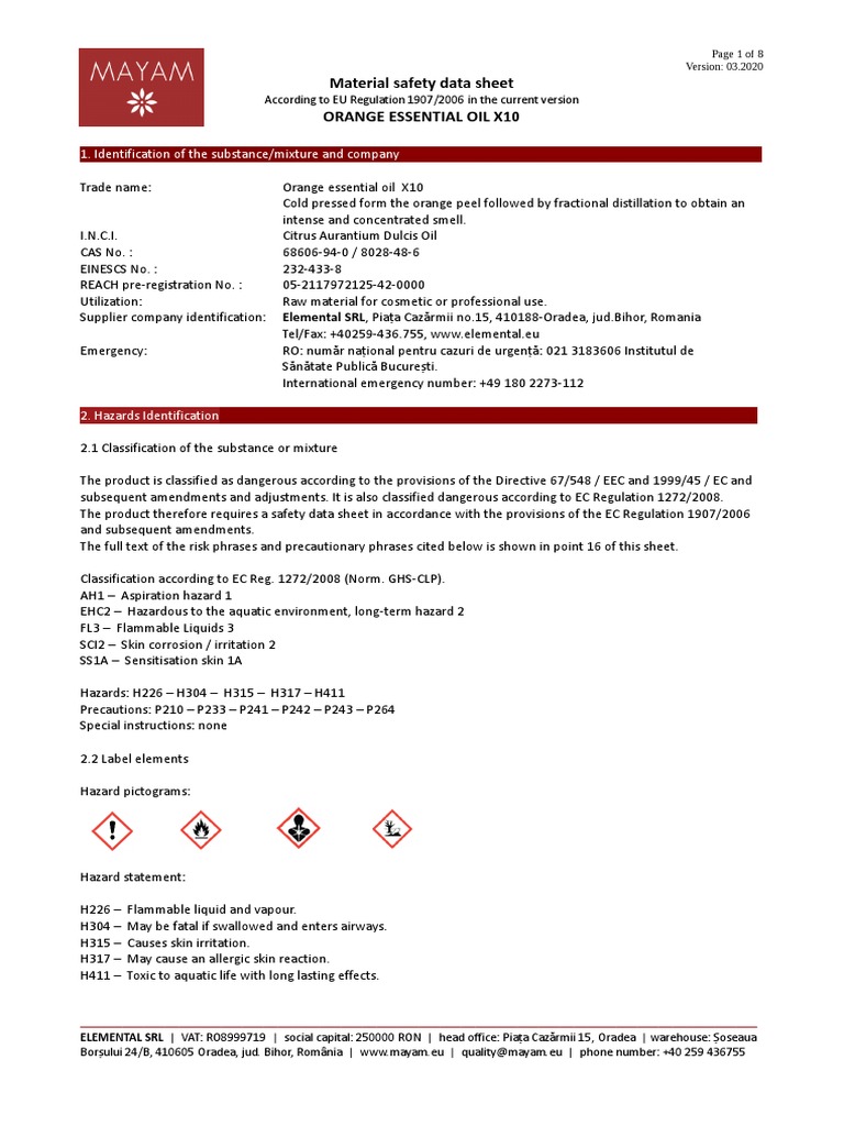 Material Safety Data Sheet Orange Essential Oil X10: 1. Identification ...