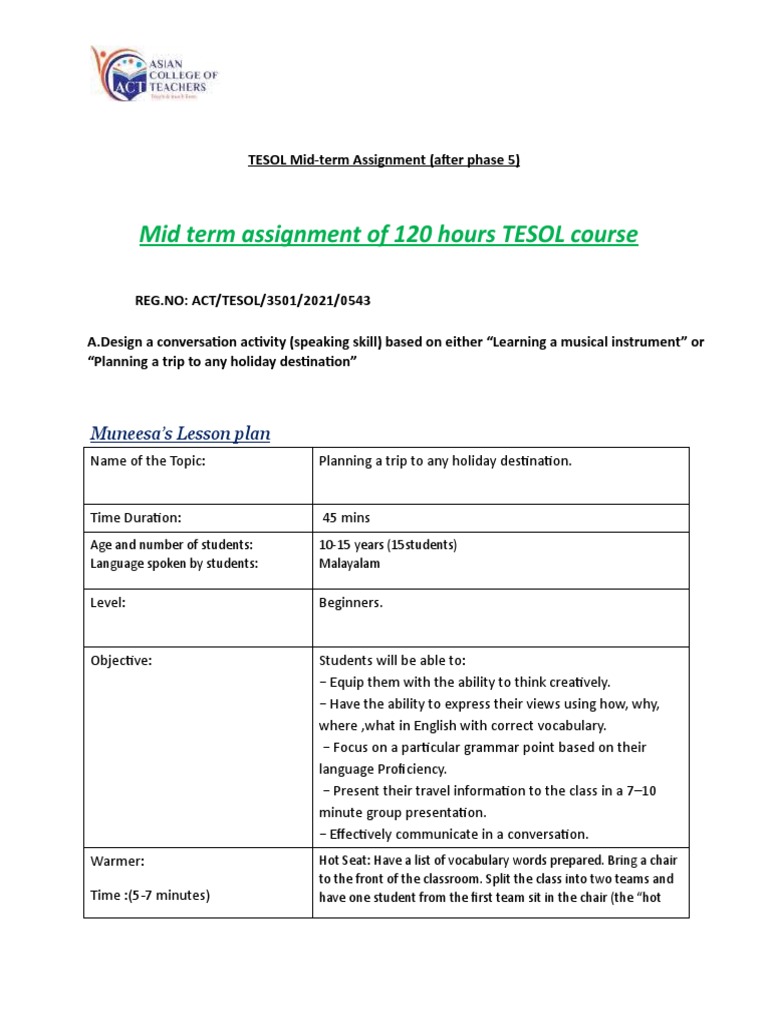 Mid Term Assignment of 120 Hours TESOL Course: Muneesa's Lesson Plan ...