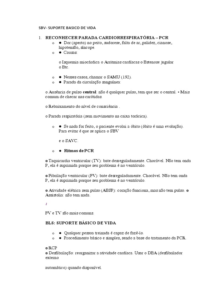 SBV - Suporte Basico de Vida | PDF | Reanimação cardiopulmonar | Coração