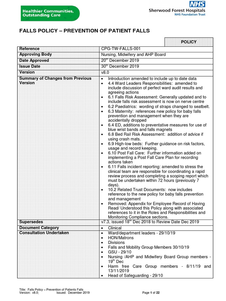 Falls Policy Prevention of Patient Falls | PDF | Nursing | Hospital