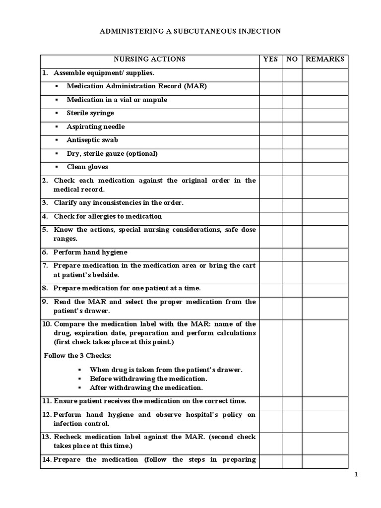 Subcutaneous Injection Administration Guide | PDF | Injection (Medicine ...
