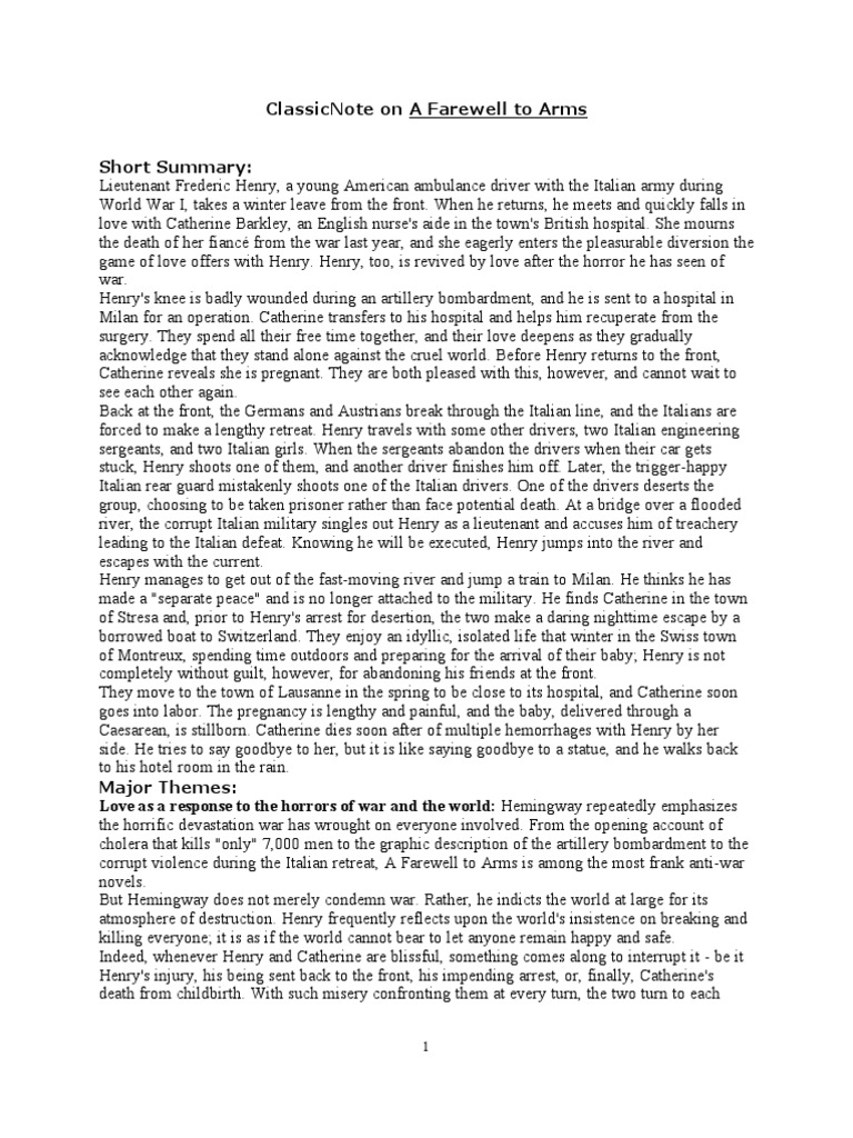 A Farewell to Arms: Themes & Summary | PDF | General Fiction