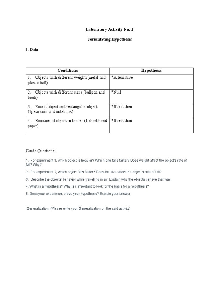 Laboratory Activity No. 1 Formulating Hypothesis-1 | PDF