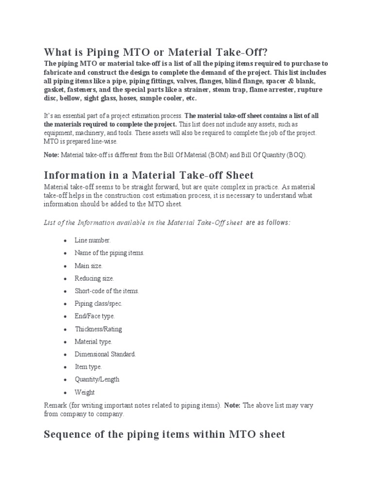 What Is Piping MTO or Material Take-Off | PDF | Pipe (Fluid Conveyance ...