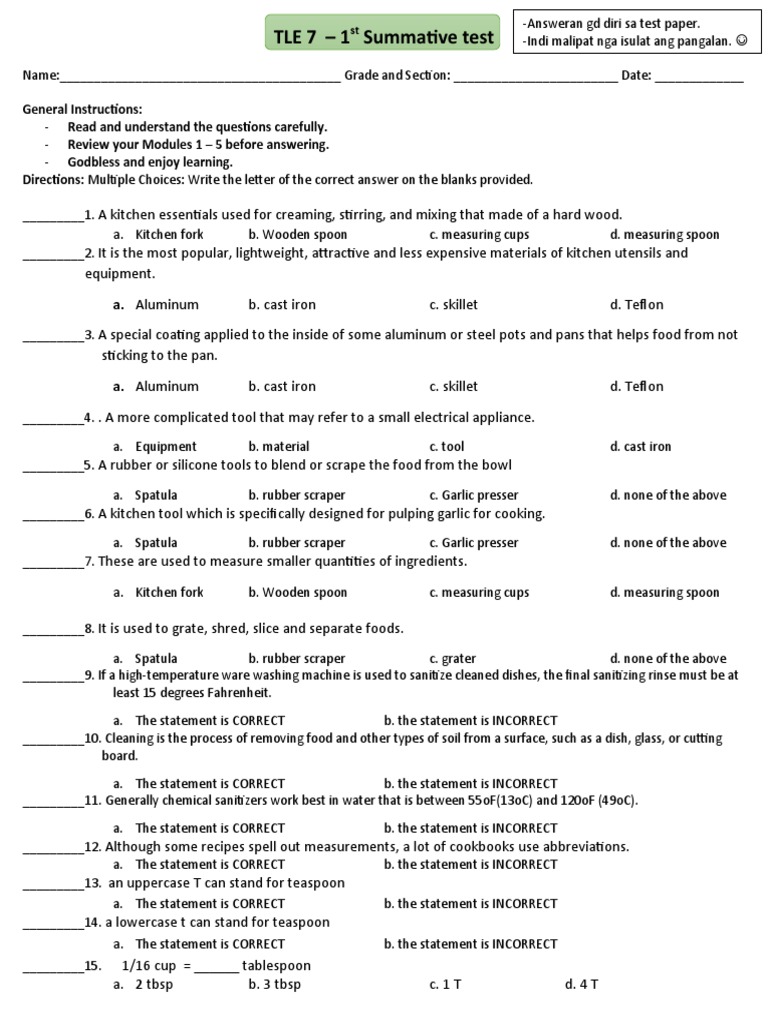 Cookery 7/8 Summative Test Guide | PDF | Frying Pan | Tablespoon