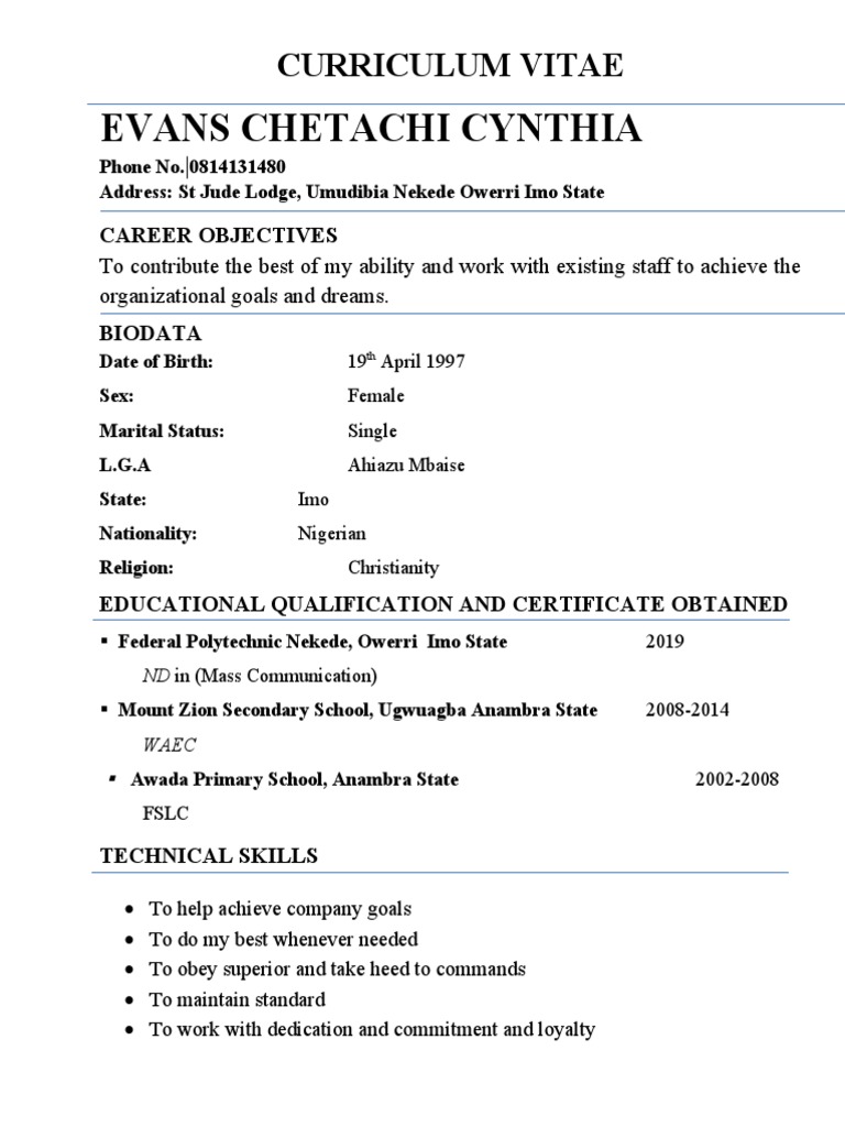 Evans Chetachi Cynthia: Curriculum Vitae | PDF
