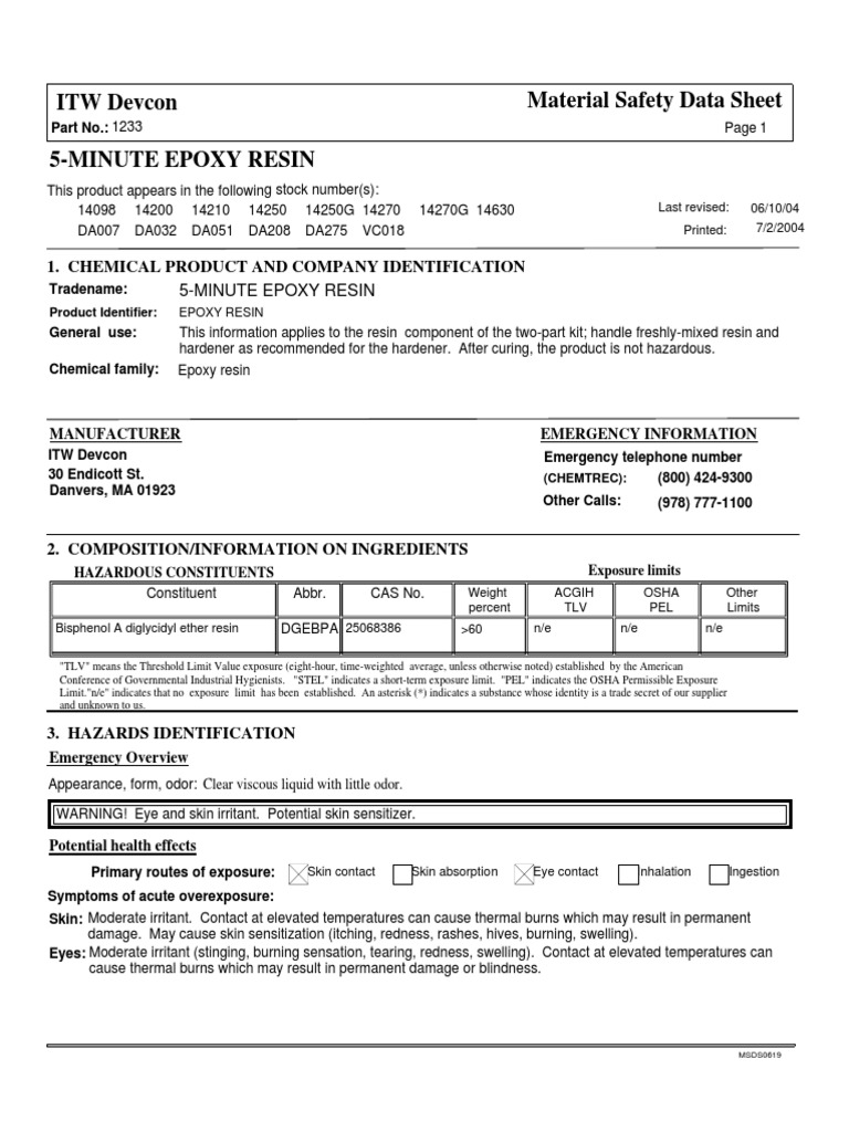 ITW Devcon Material Safety Data Sheet: 5-Minute Epoxy Resin | PDF | Firefighting | Personal ...