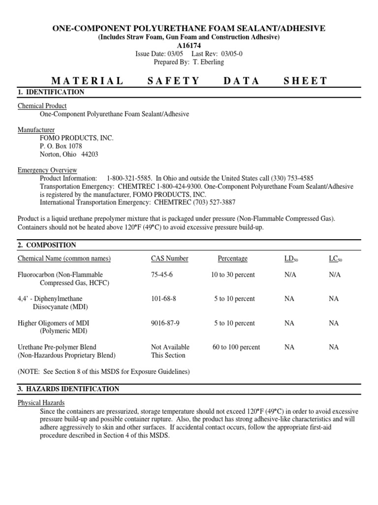 Material Safety Data Sheet: One-Component Polyurethane Foam Sealant ...