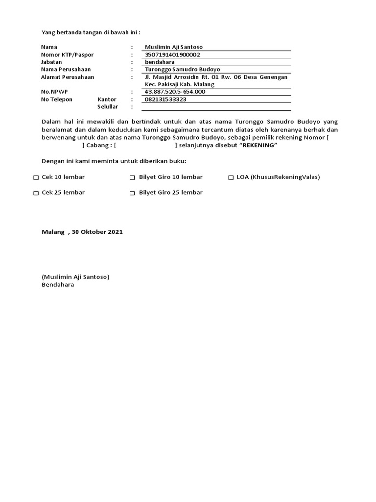 Surat Permintaan Cek Dan Bilyet Giro Atau LOA | PDF