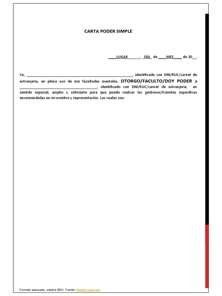 Descargar Modelo Carta Poder Simple en Doc, Word o PDF - La República | PDF