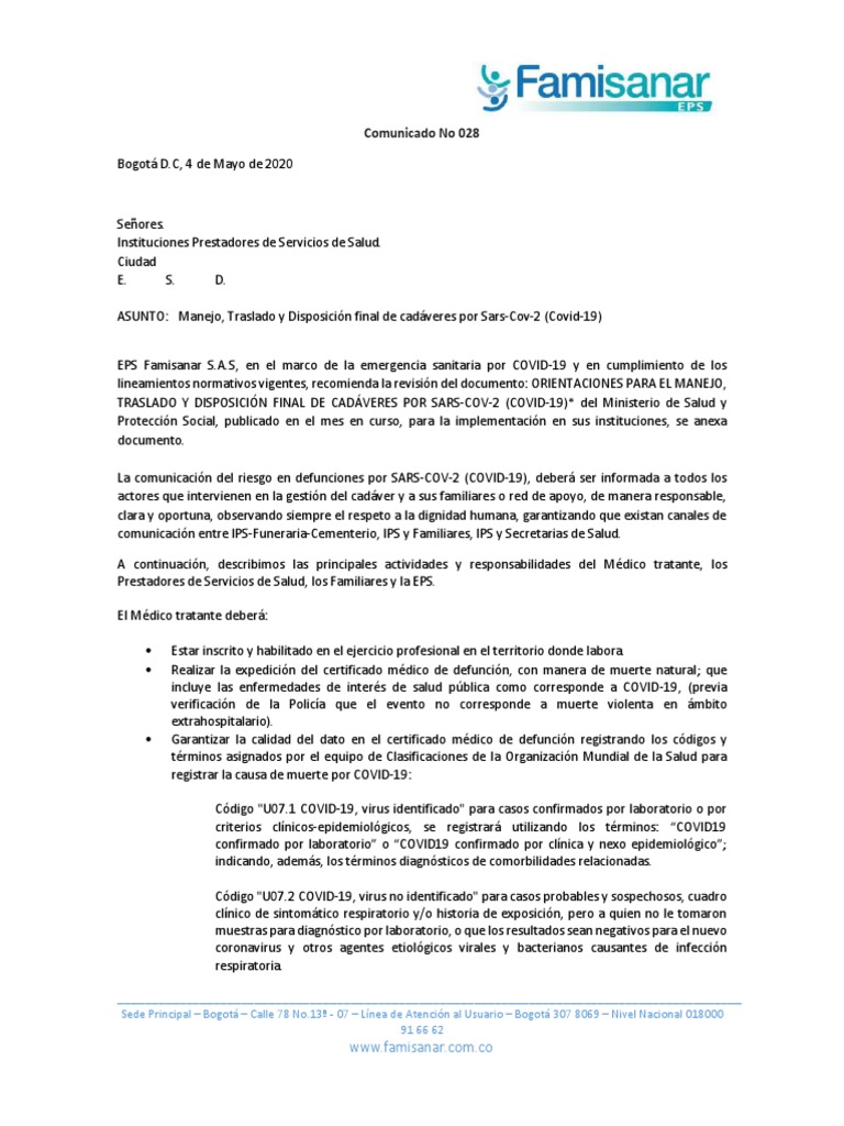 Comunicado 028 MANEJO DE CADAVERES COVID 19 04052020 | PDF | Medicina | Bogotá