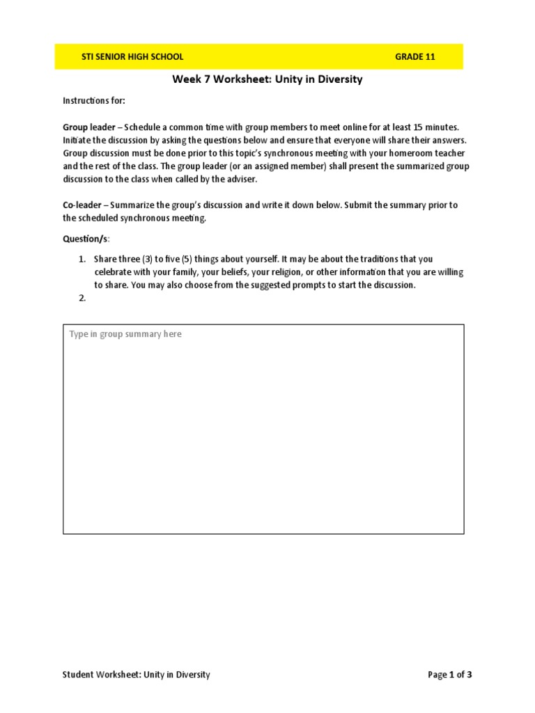 Week 7 Worksheet: Unity In Diversity | Pdf