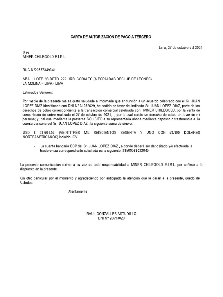 Carta de Autorizacion de Pago A Tercero | PDF
