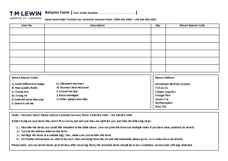 Returns Form - : Returned British Goods T.M.Lewin Clipper Logistics ...