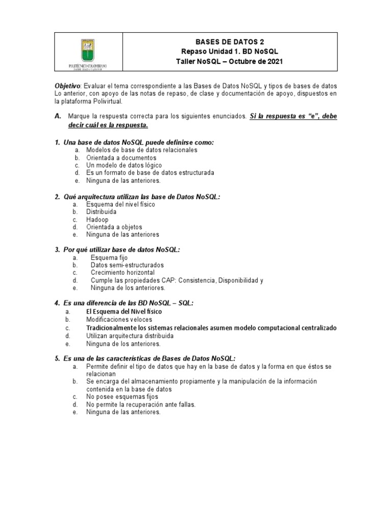 Taller Repaso Unidad 1. BD NoSQL | Descargar gratis PDF | No Sql | Bases de datos