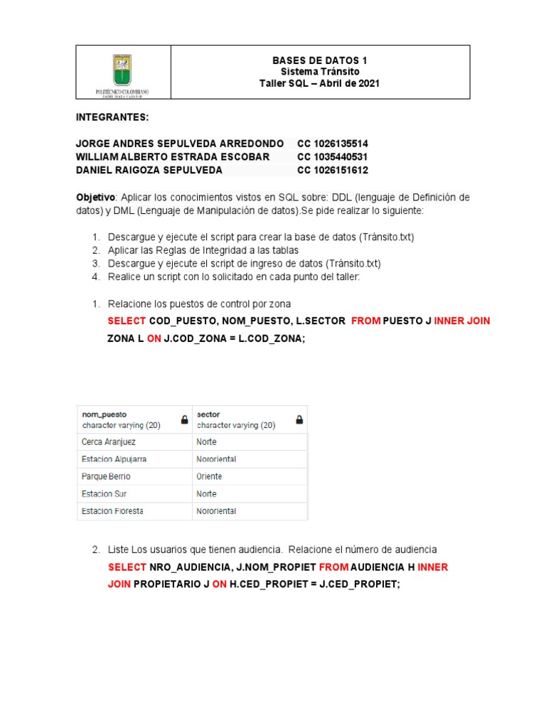 Taller SQL Tránsito | PDF | SQL | Software de gestión de datos