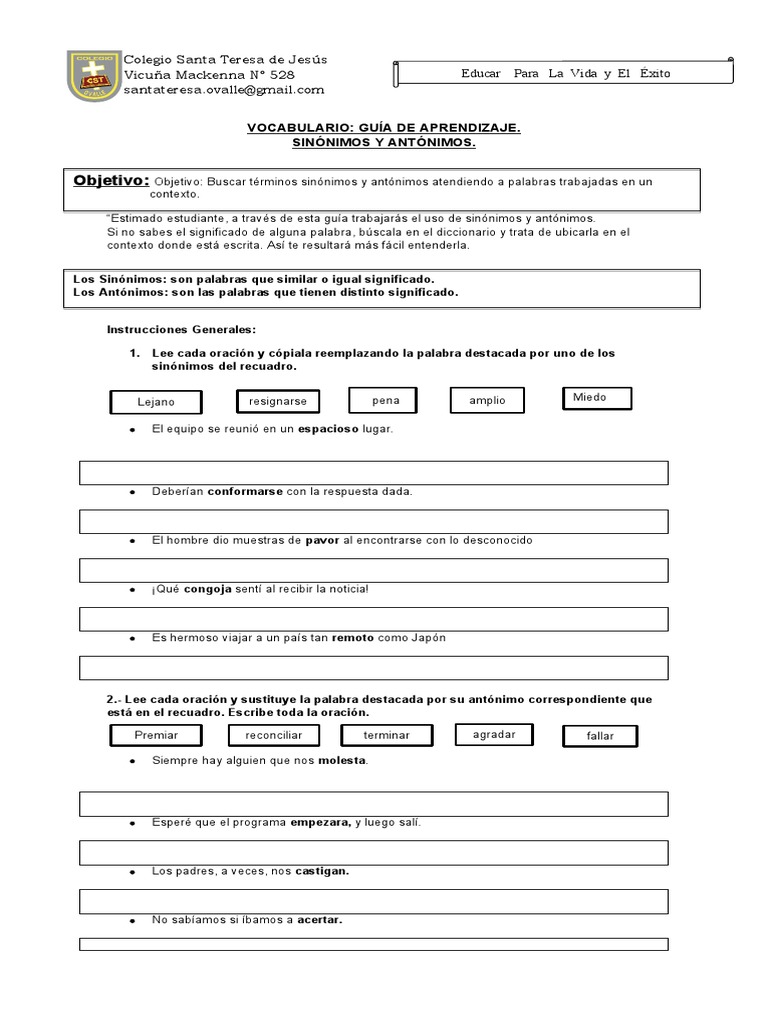 Guía Sinónimos y Antónimos 6° | PDF