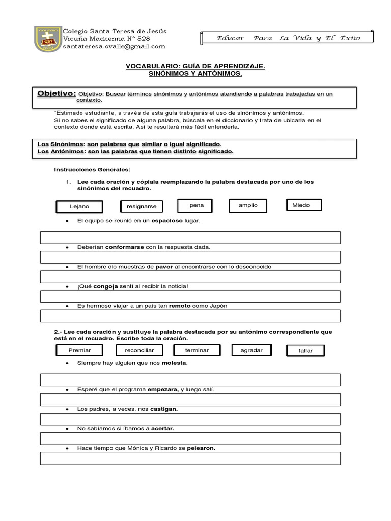 Guía Sinónimos y Antónimos 6° | PDF | Oración