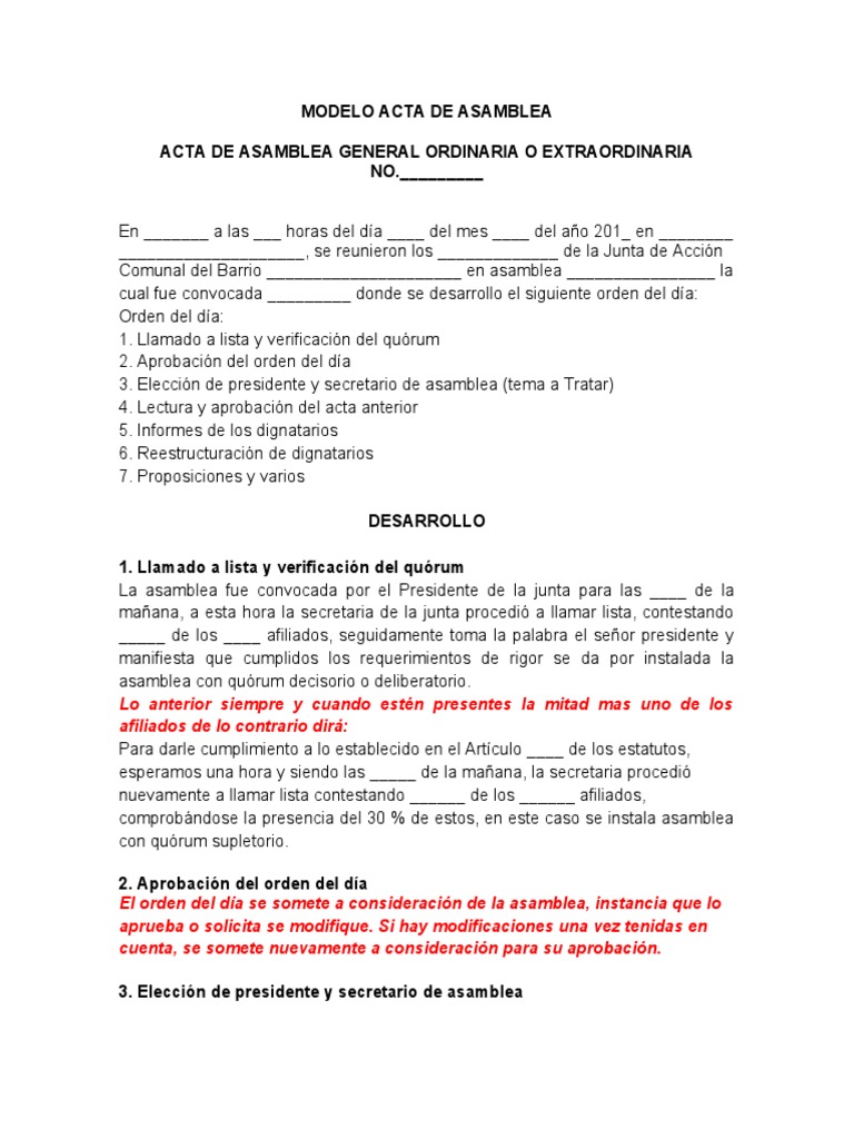 Modelo Acta de Asamblea | PDF | Gobierno