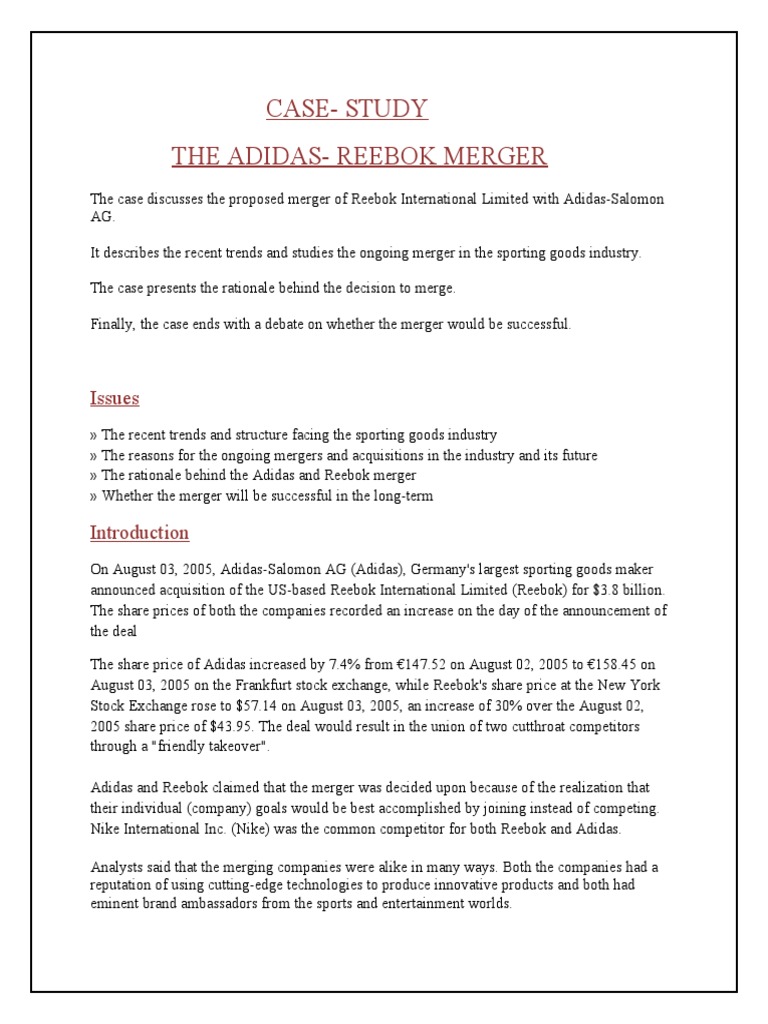 Case Study Adidas & Reebok Merger | PDF | Adidas | Mergers And Acquisitions
