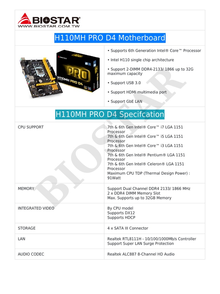 Biostar: H110MH PRO D4 Motherboard | PDF | Electrostatic Discharge | Personal Computers