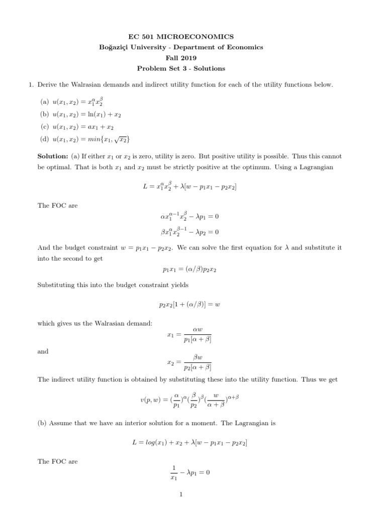 EC 501 Microeconomics Problem Set Solutions | PDF | Utility | Mathematical Optimization