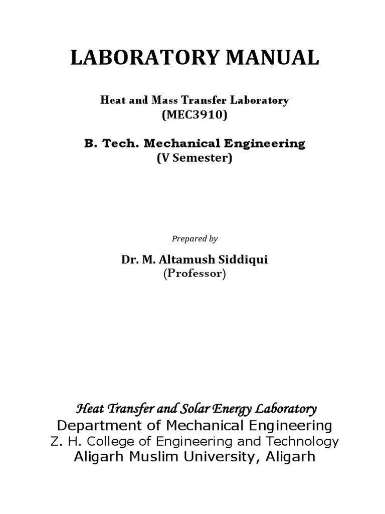 Laboratory Manual: Heat Transfer and Solar Energy Laboratory | PDF