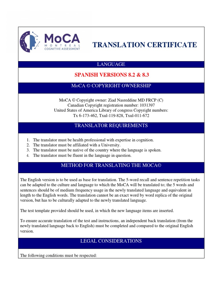 MoCA Translation Certificate - Version 8 - Spanish 8.2 & 8.3 | PDF ...