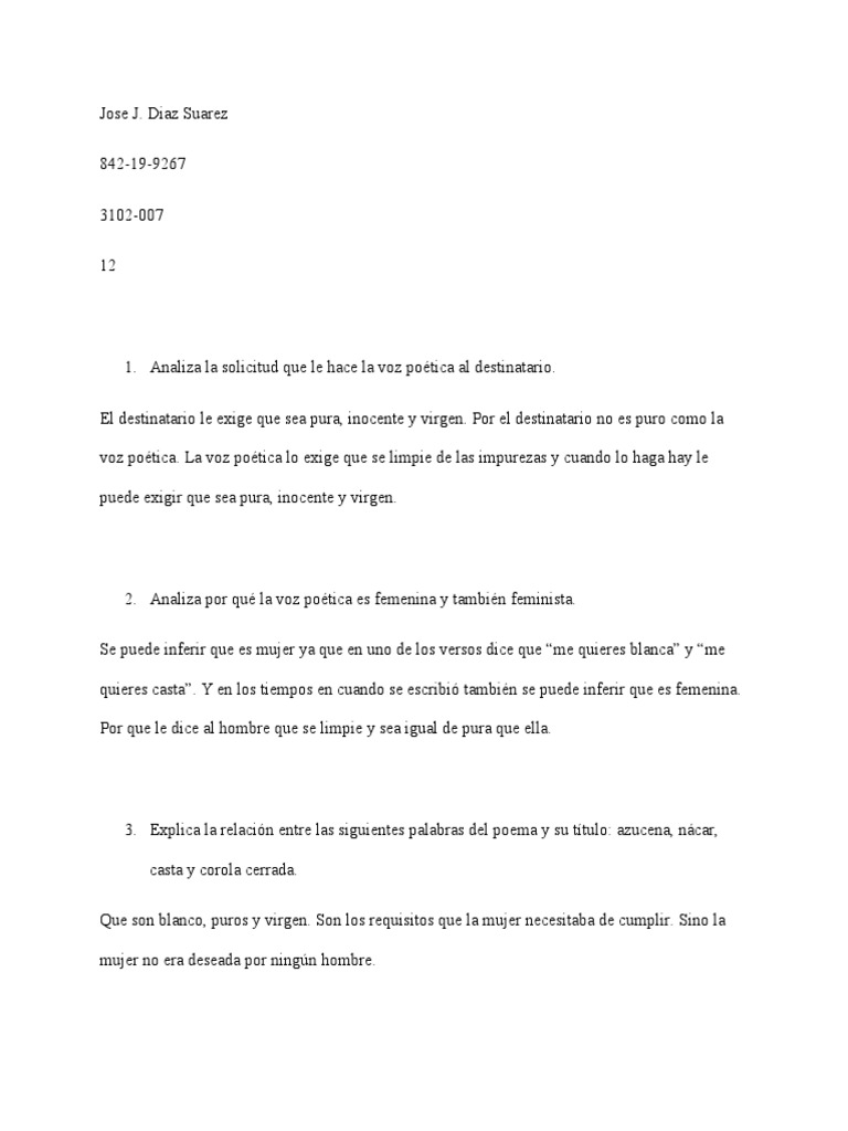 Tarea Del Poema Tu Me Quieres Blanca | PDF