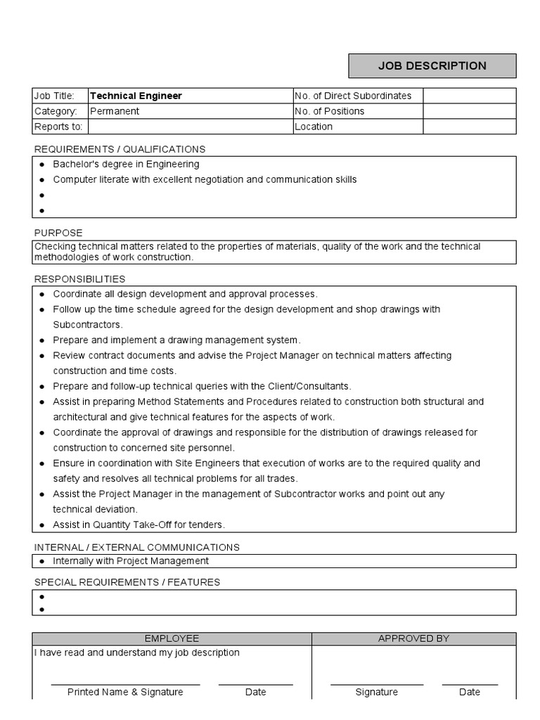 Technical Engineer Job Description | PDF | Technology & Engineering