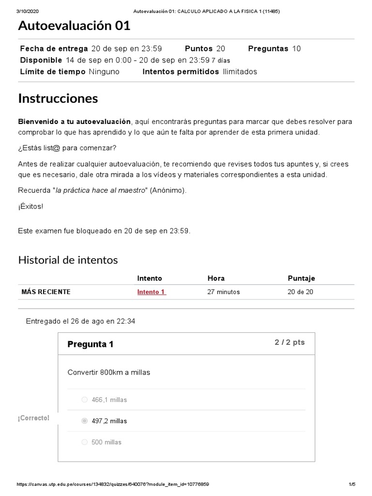 Autoevaluación 01 - Calculo Aplicado A La Fisica 1 (11485) | PDF