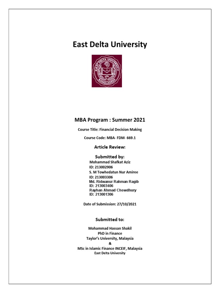 East Delta University: MBA Program: Summer 2021 | PDF | Corruption | Risk