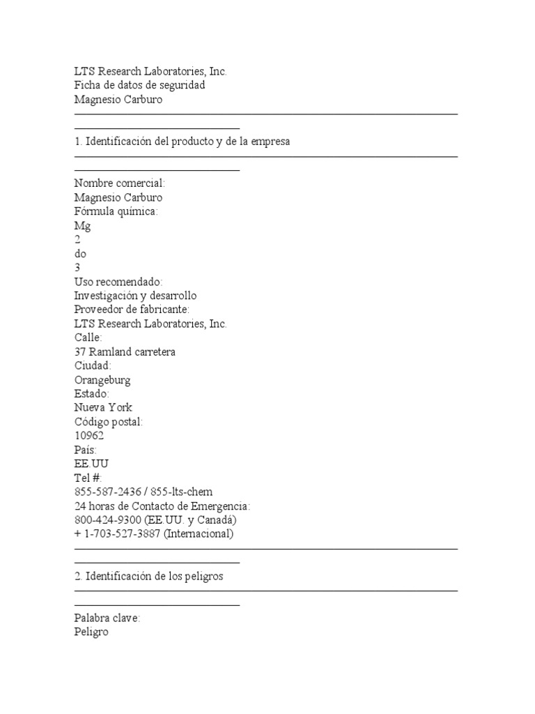 Hoja de Seguridad Mg2C3 | PDF | Química | Ciencias fisicas