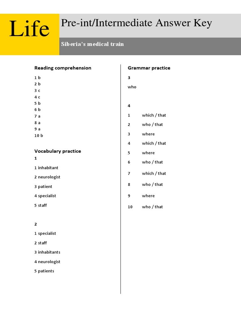 Pre-int/Intermediate Answer Key: Siberia's Medical Train | PDF ...