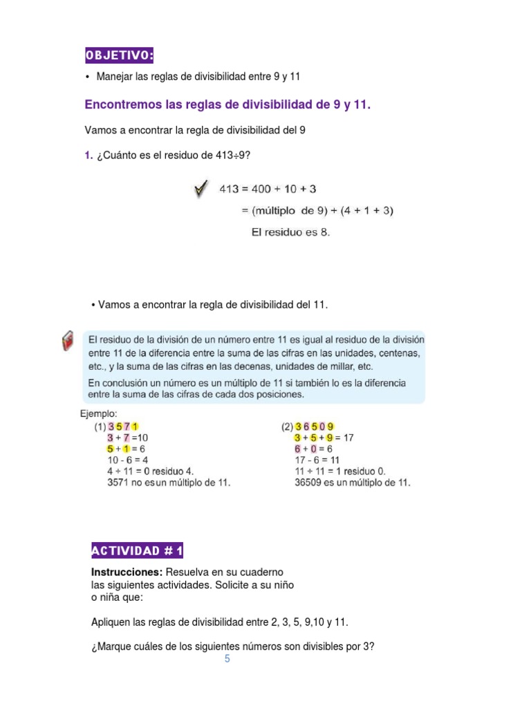 Encontremos Las Reglas de Divisibilidad de 9 y 11.: Objetivo | PDF