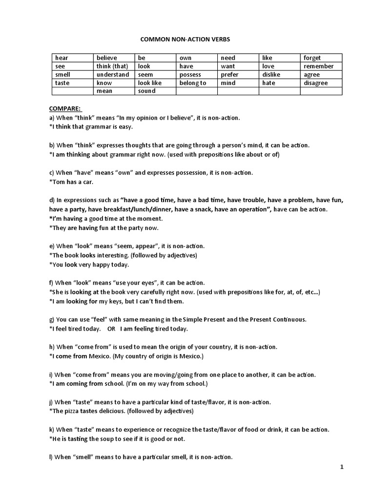 Action - Non-Action Verbs Practice | PDF | Linguistic Morphology ...