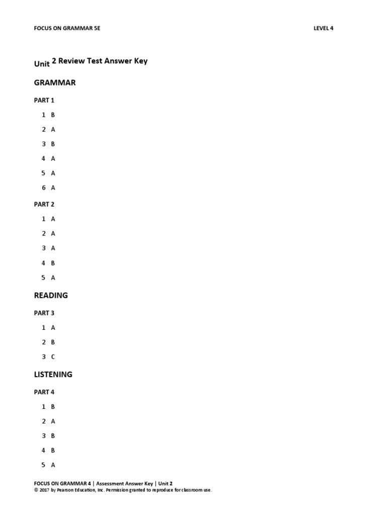 Unit 2 Review Test Answer Key Grammar: 1 B 2 A 3 B 4 A 5 A 6 A | PDF
