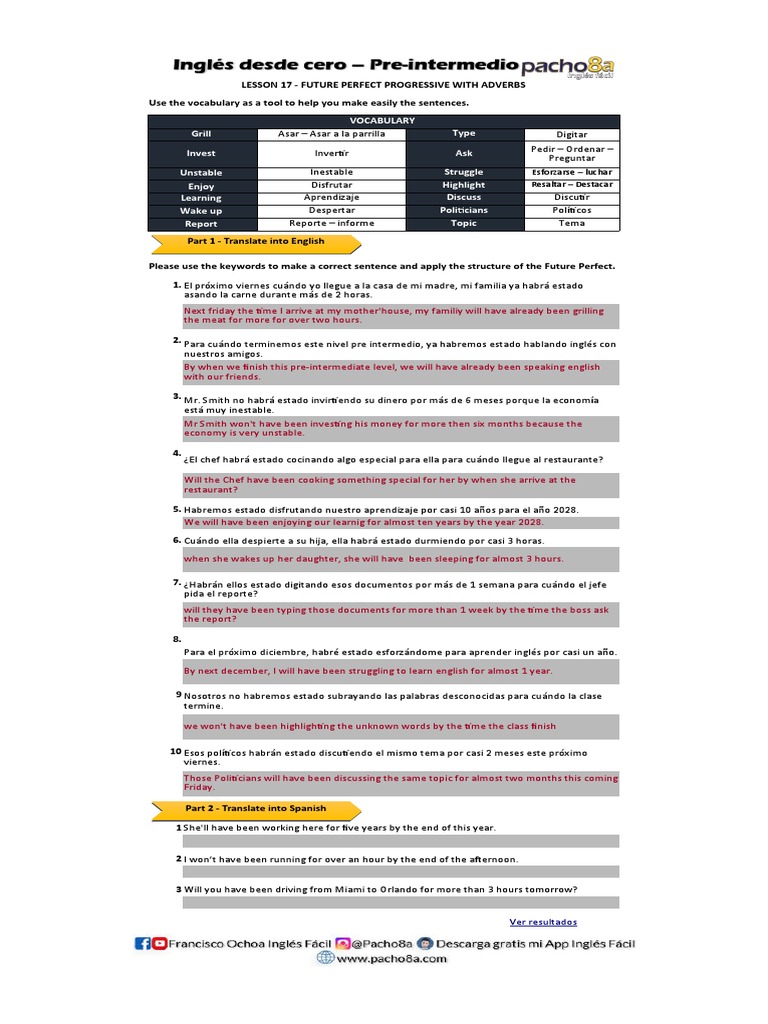 Lesson 17 Futuro Perfecto Progresivo Estructura Pdf