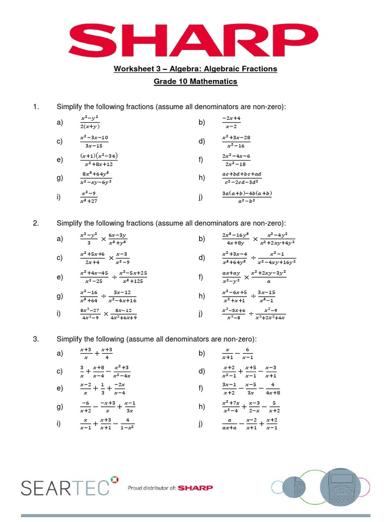 Worksheet 3 Algebra - Algebraic Fractions Grade 10 Mathematics | PDF