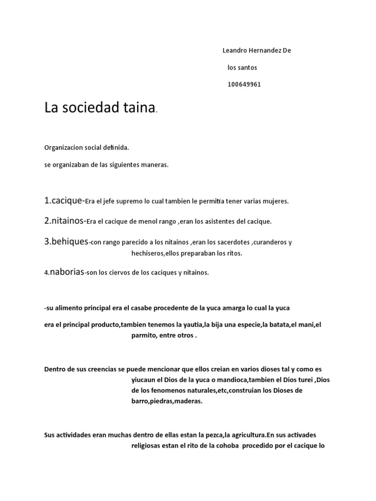 La Sociedad Taina: 1.cacique-2.nitainos - 3.behiques | PDF