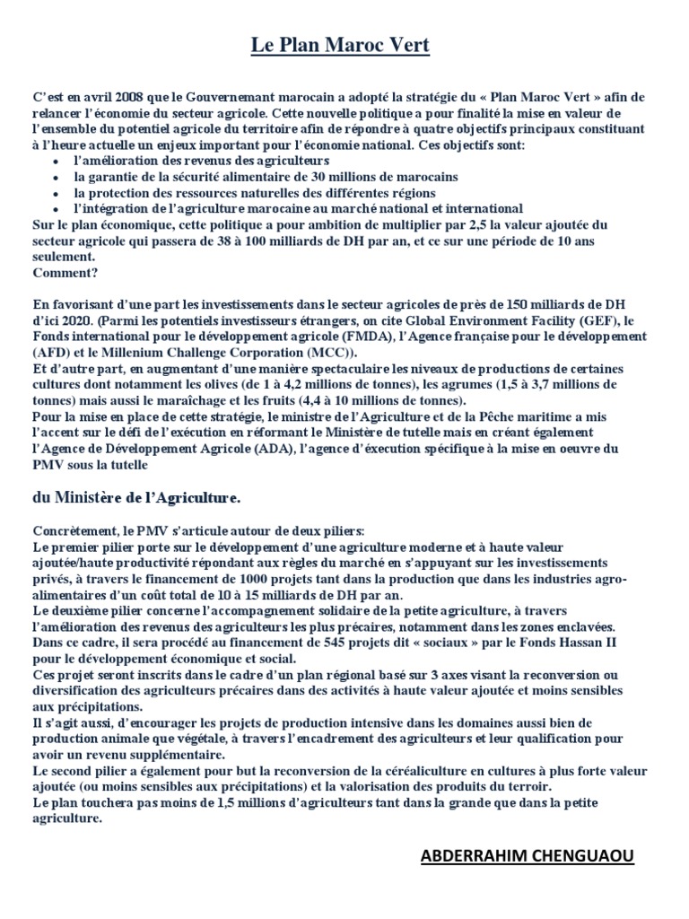 Le Plan Maroc Vert | PDF | Maroc | Agriculture